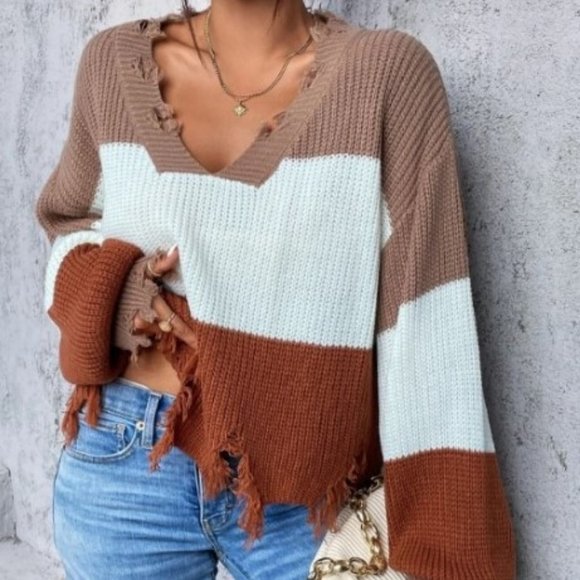 SHEIN | Sweaters | Frayed Ripped V Neck Sweater Shein New | Poshmark